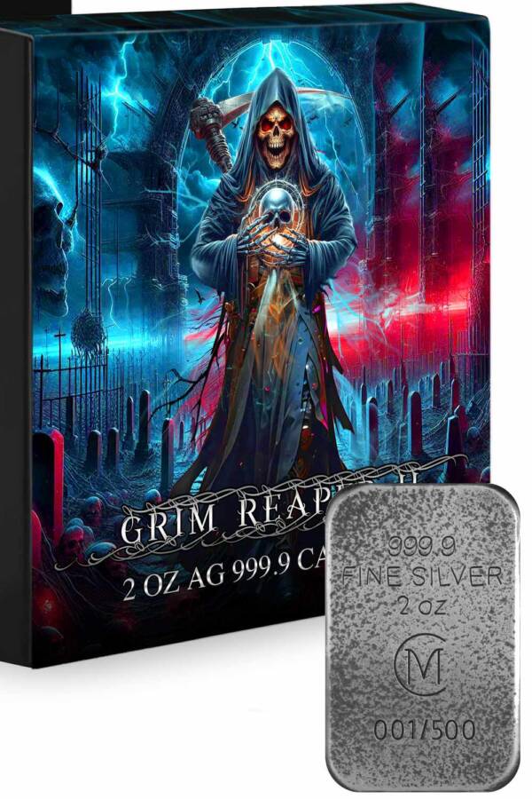 Grim Reaper II 2oz cast silver bar (2025 Carpathian Mint) - AgAuNEWS